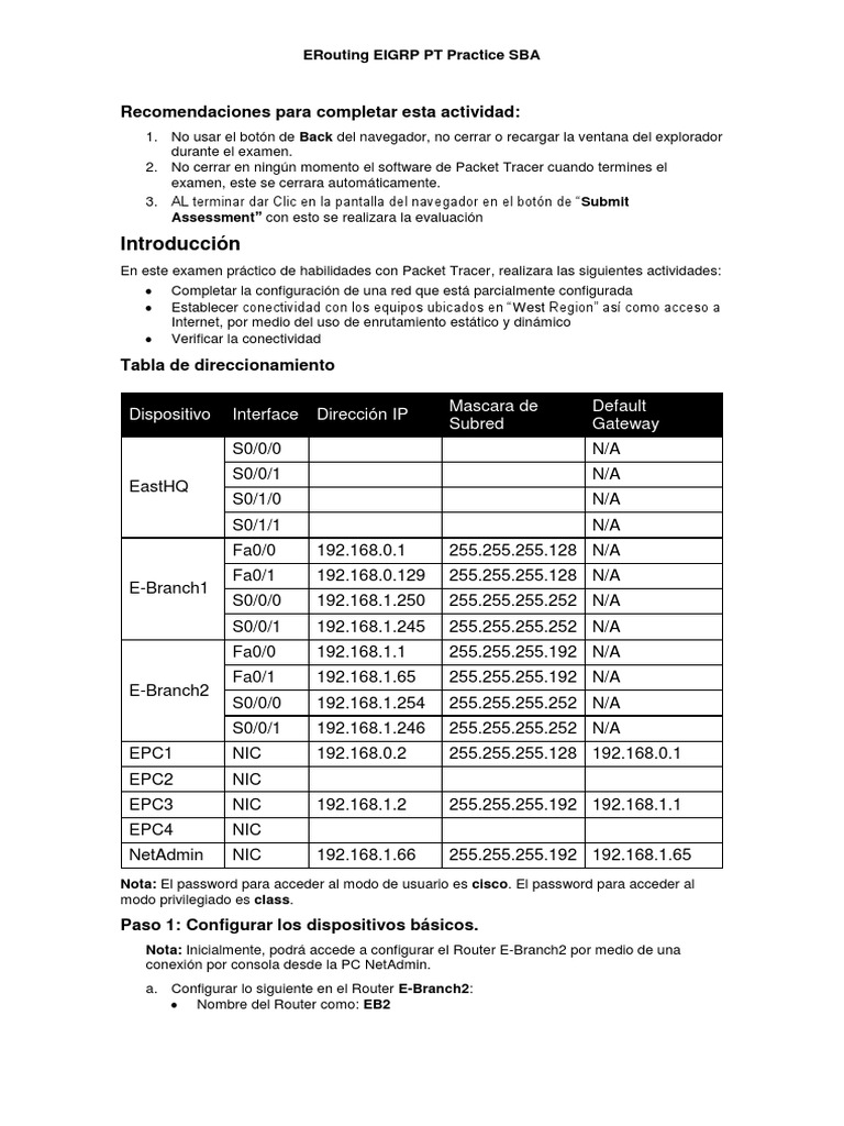 Español ERouting EIGRP PT Practice SBA | PDF | Enrutador (Computación) | Dirección IP