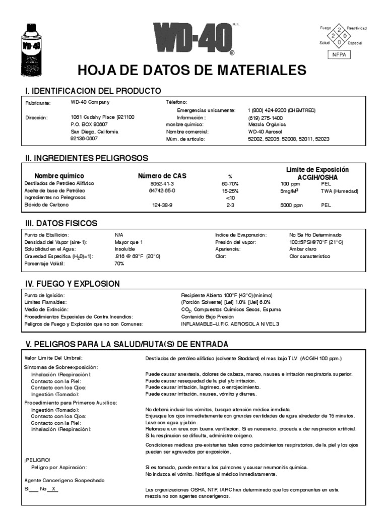 MSDS WD-40 | PDF | Aerosol | Dióxido de carbono