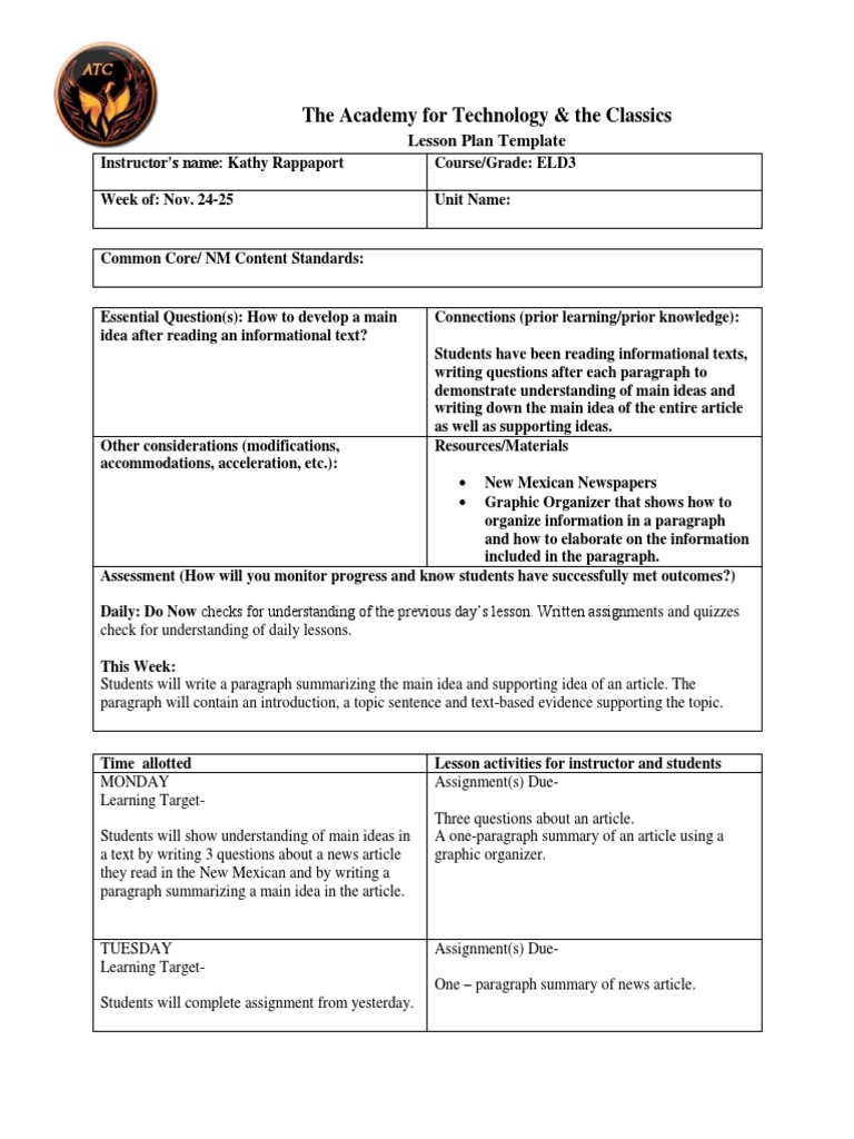ELD3 Lesson Plan: Main Idea Focus | PDF