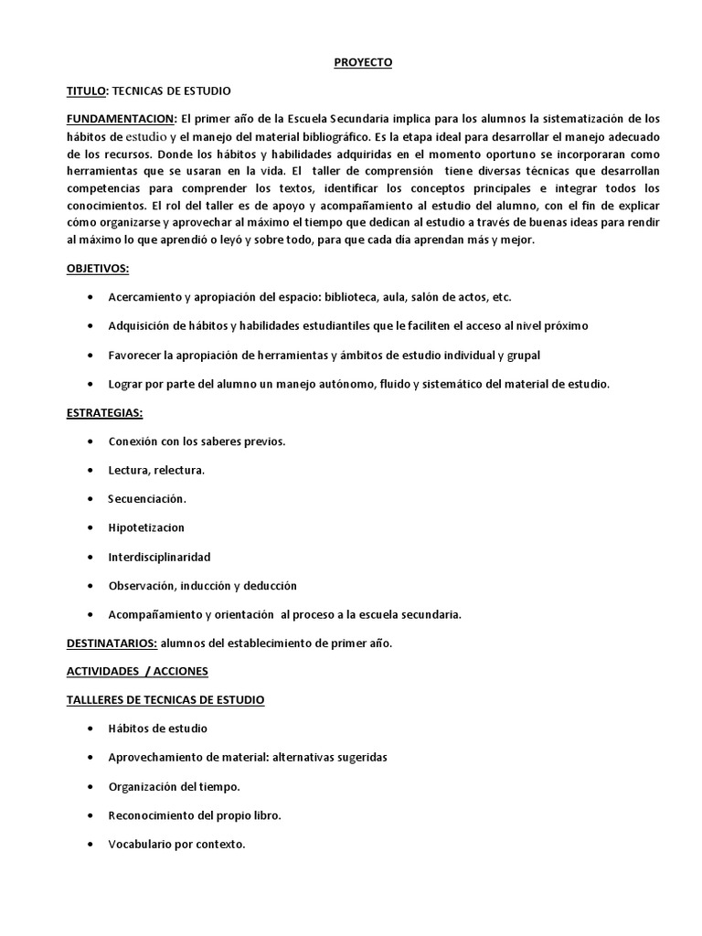 Proyecto de Tecnicas de Estudio | PDF | Habilidades de estudio ...