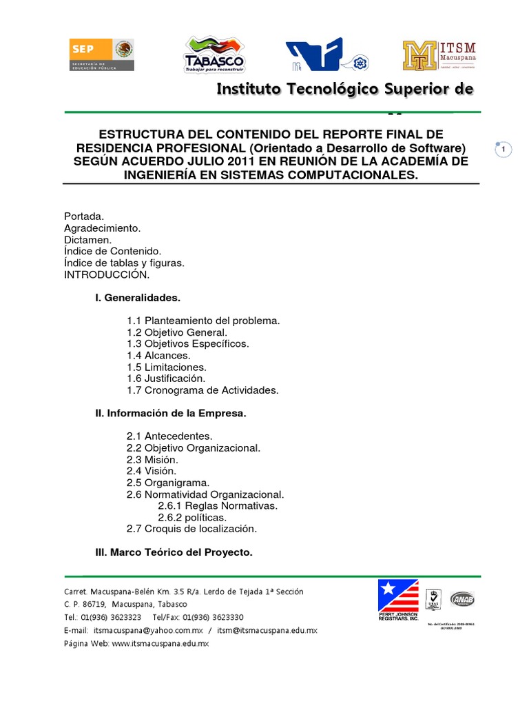 Estructura Del Contenido Del Reporte Final de Residencia Profesional 2011 Software | PDF ...