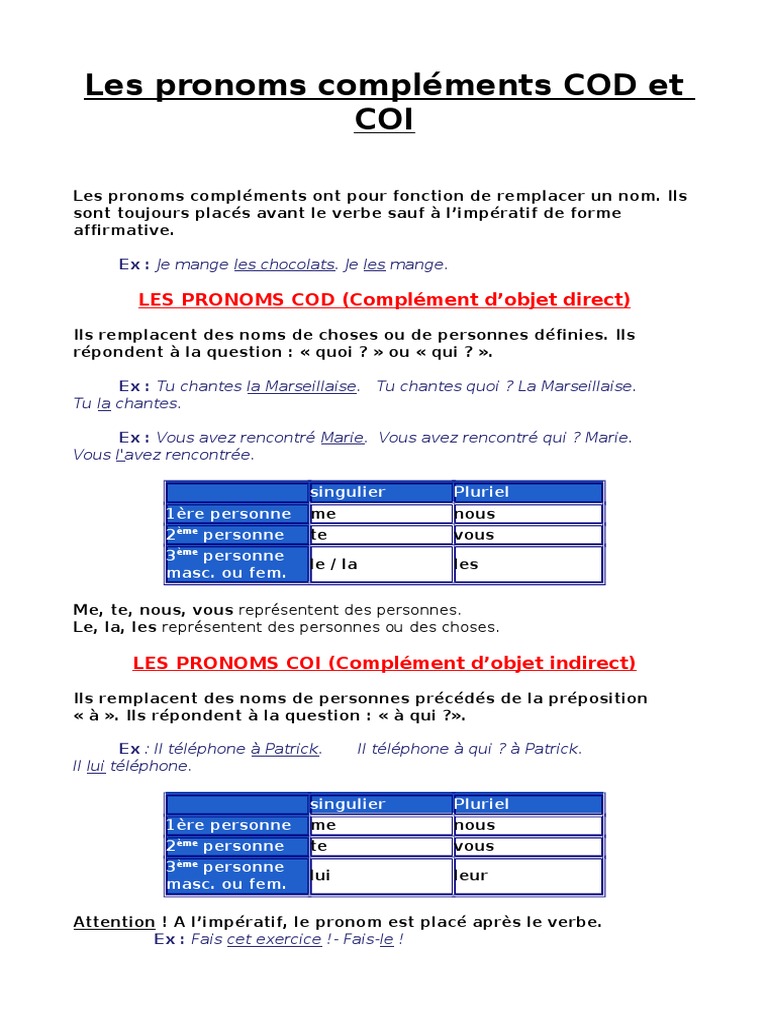 Théorie Pronoms Compléments COD Et COI | PDF | Complément d'objet | Pronom