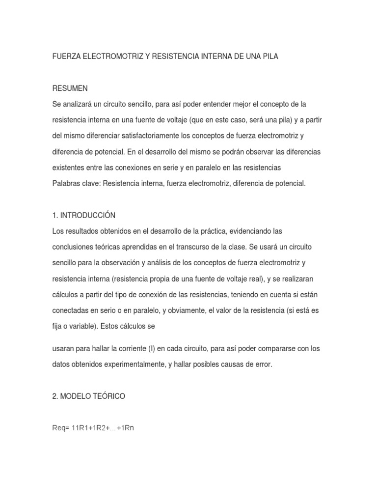 Fuerza Electromotriz y Resistencia Interna de Una Pila | PDF ...