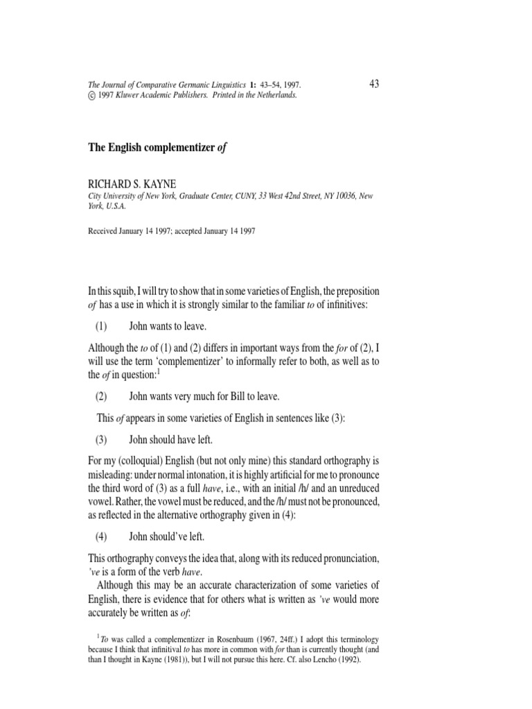 Kayne (1997) English Complementizer of | PDF | English Language ...