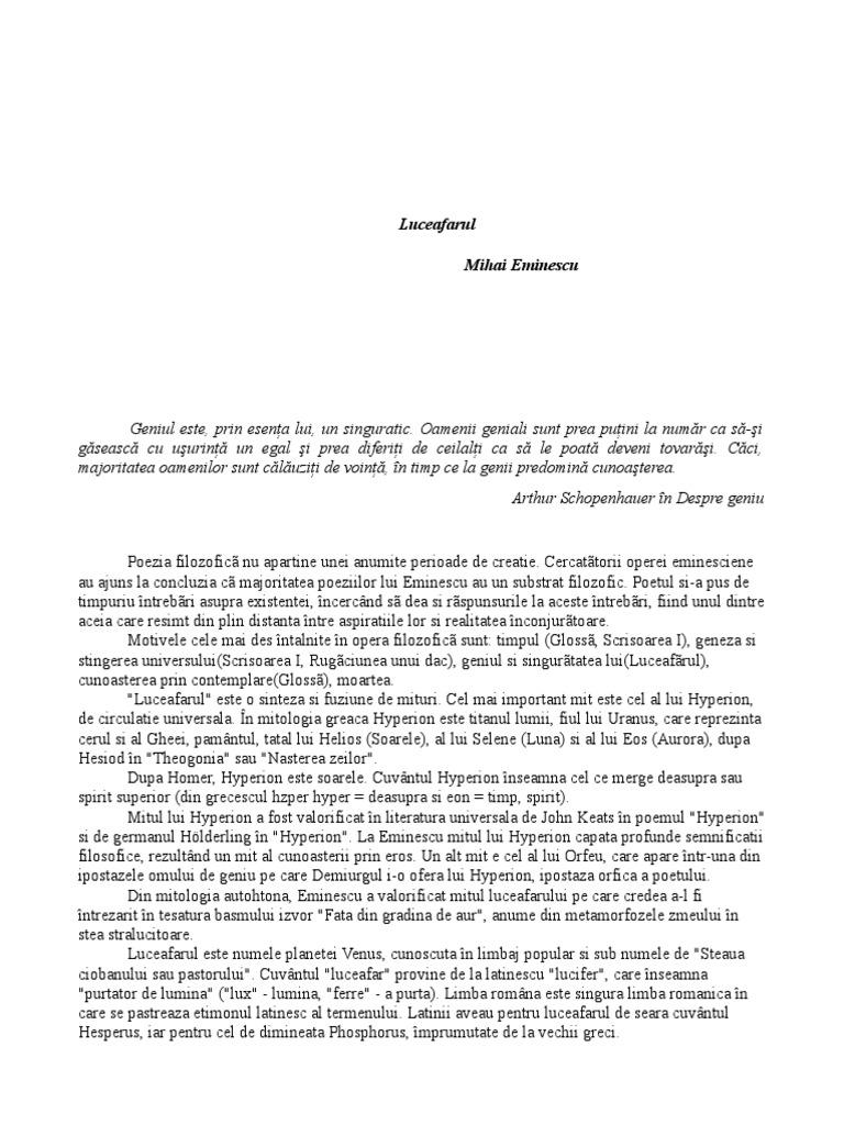 Luceafarul - Mihai Eminescu Eseu | PDF