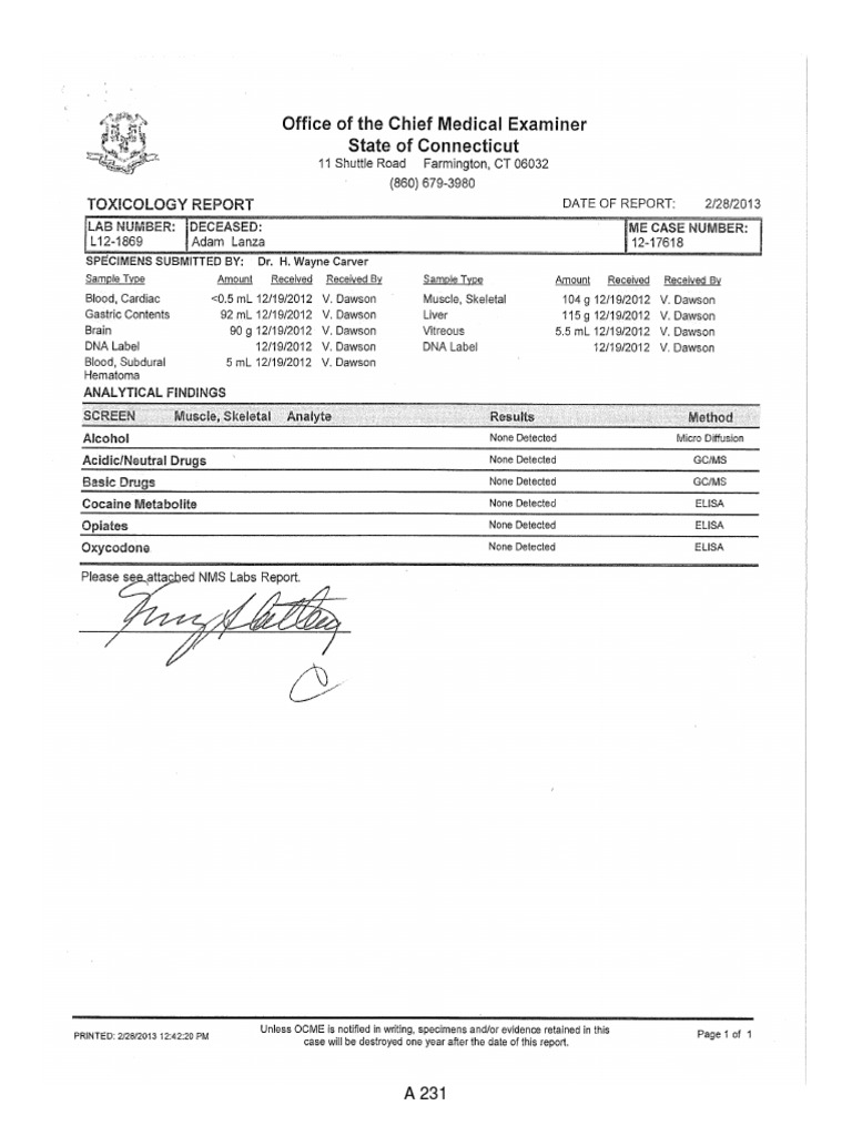 A231 Adam Lanza Toxicology Report | PDF