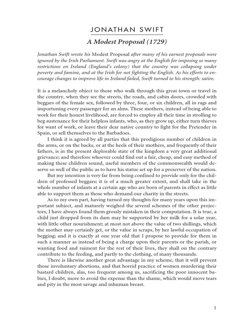 A Modest Proposal (1729) : Jonathan Swift | PDF