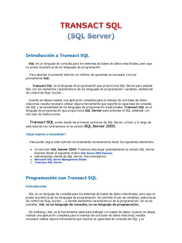 MANUAL - TRANSACT SQL (SQL Server) - by Oscar Patty PDF | Descargar gratis PDF | SQL | Tabla ...