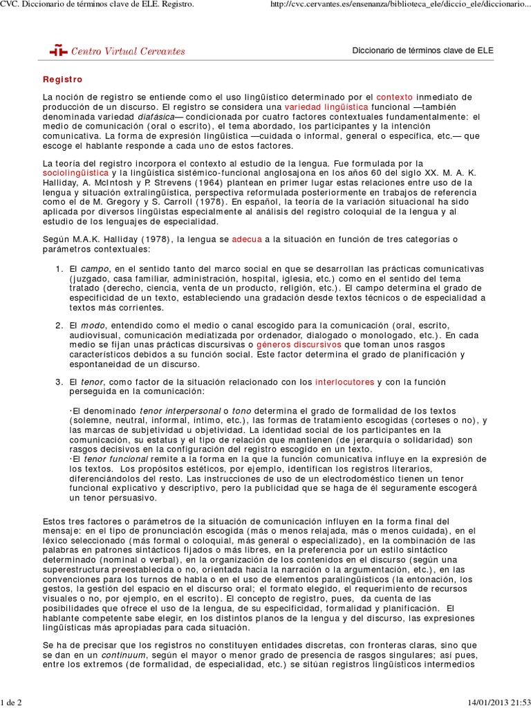 CVC. Diccionario de Términos Clave de ELE. Registro | PDF ...