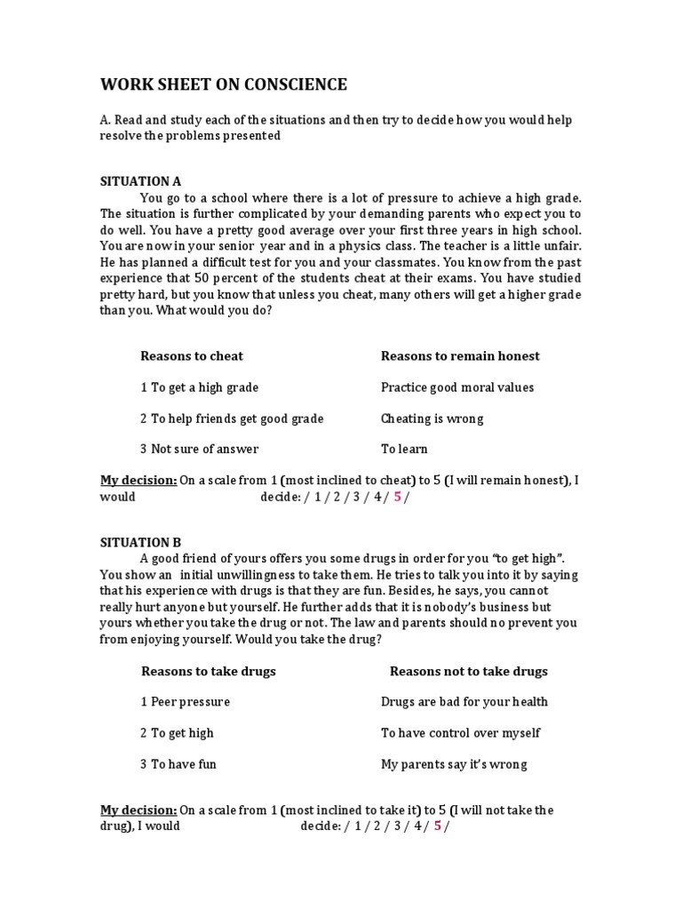 Worksheet On Conscience Pdf Social Institutions Social Science