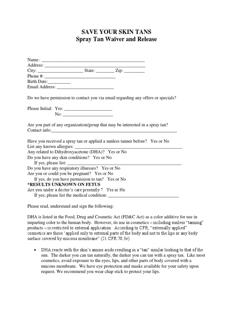 Spray Tan Waiver and Release Form | PDF | Wellness | Medical
