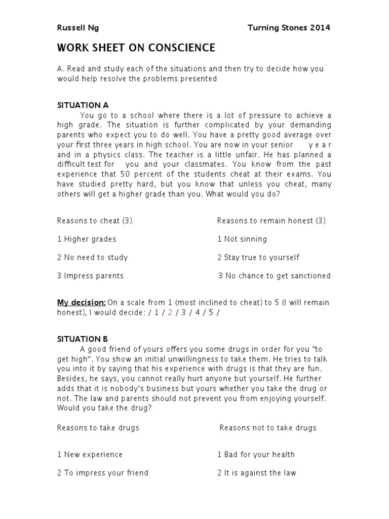 Work Sheet On Conscience | PDF | Conscience | Philosophical Theories