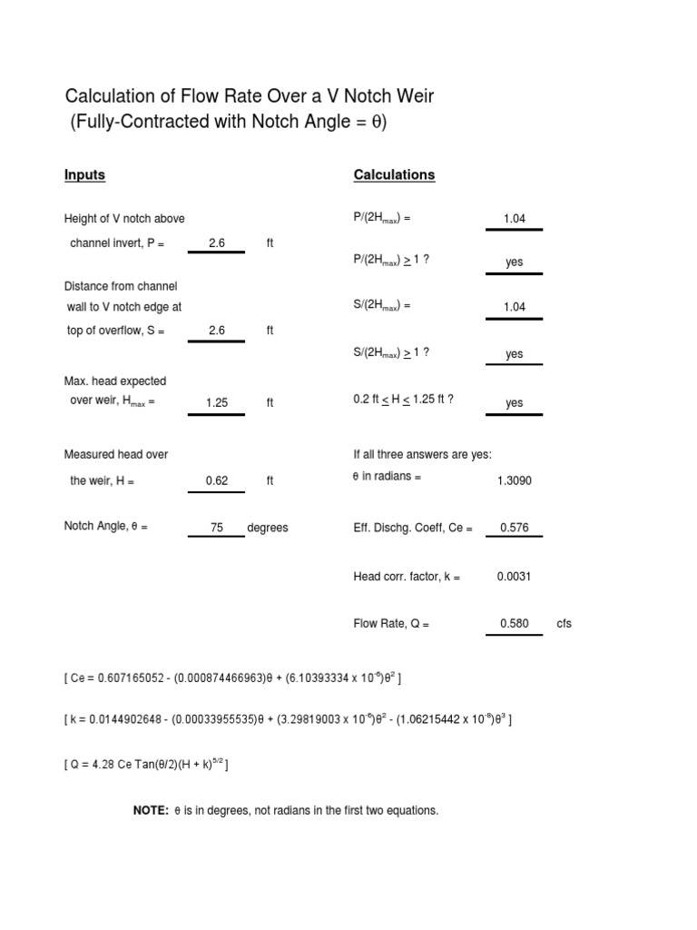 V Notch Weir Flow Rate Calculation | PDF | Teaching Methods & Materials