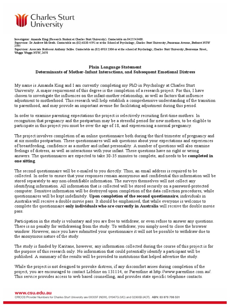 Plain Language Statement | PDF | Questionnaire | Parenting