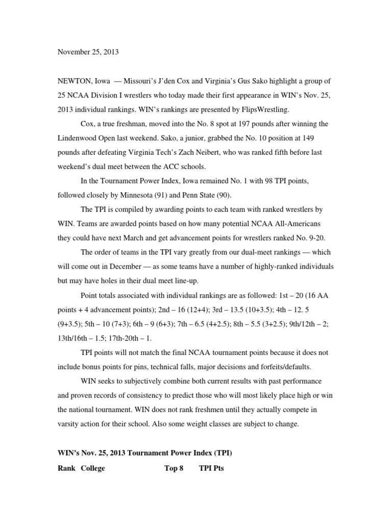 WIN's TPI and Individual Rankings Released Nov. 25, 2013 | PDF | Ncaa ...