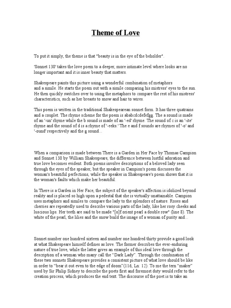 Sonnet 130 Theme of Love | Shakespeare's Sonnets | Sonnets