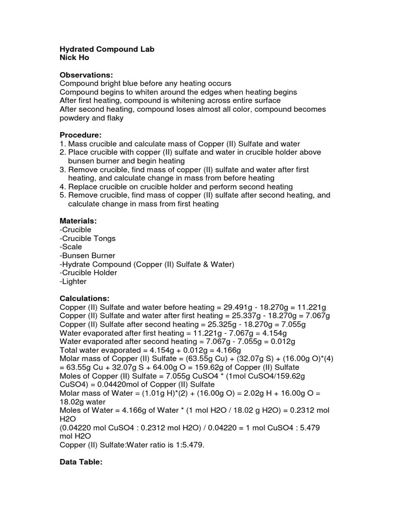 Hydrated Compound Lab | PDF | Mole (Unit) | Ratio