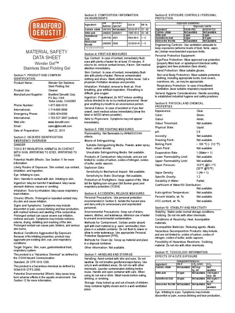 Material Safety Data Sheet: Wonder Gel™ Stainless Steel Pickling Gel ...
