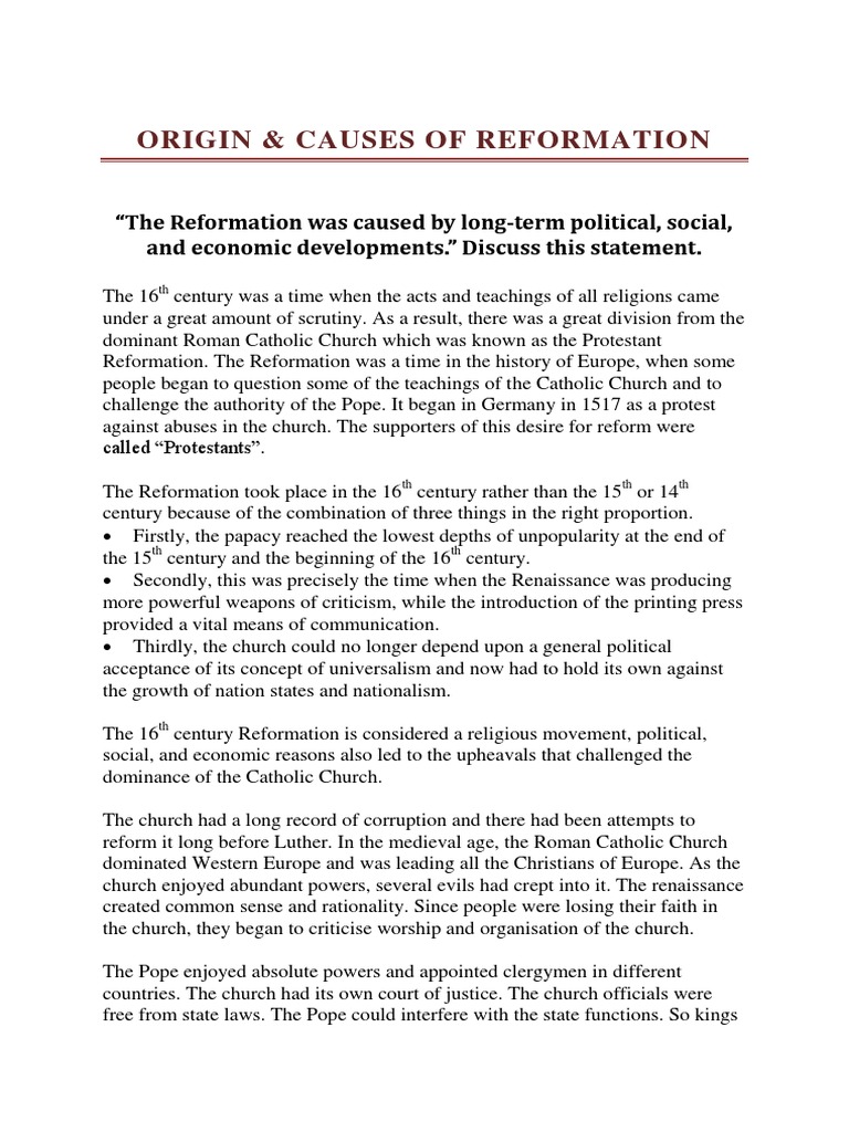 Origin and Causes of Reformation | PDF | Pope | Humanism
