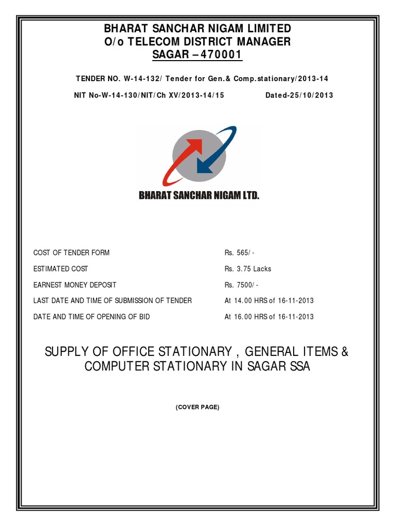 Tender Doc For Stationary | PDF | Cheque | Payments