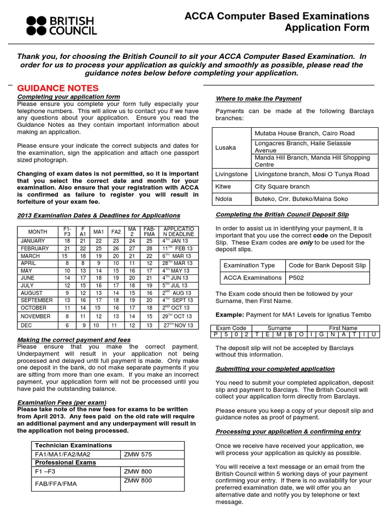 ACCA Computer Based Examinations Application Form: Guidance Notes | PDF ...