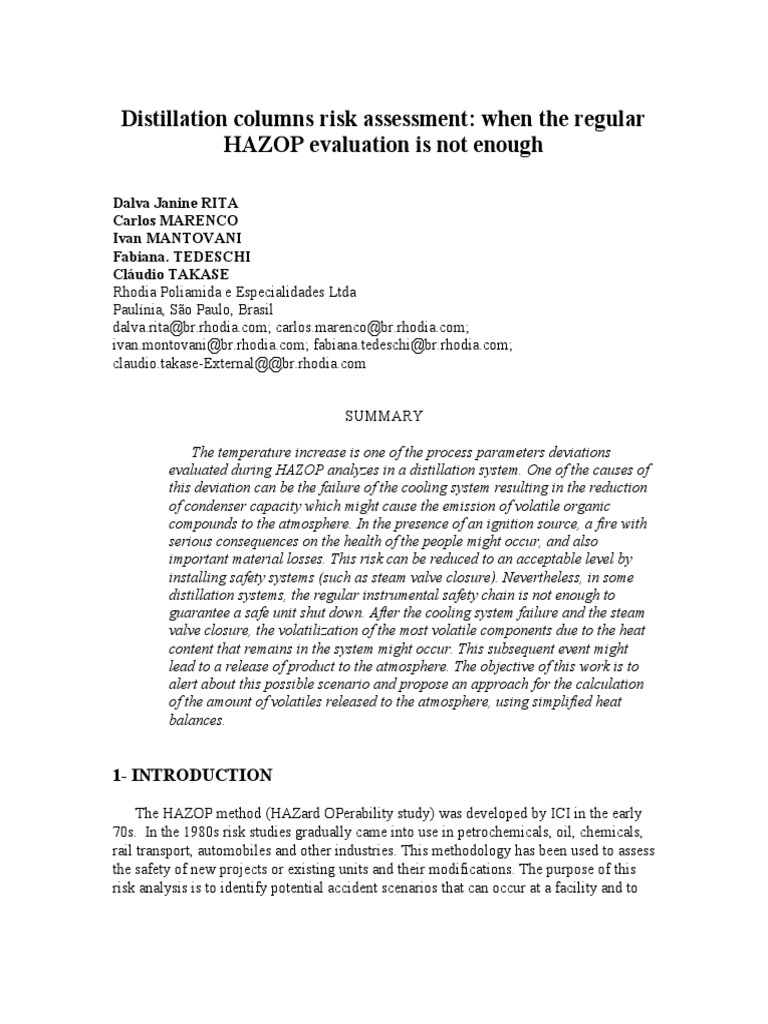 Distillation Columns Risk Assessment When The Regular Hazop Evaluation ...