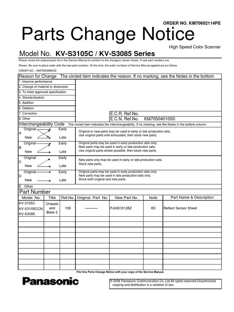 Parts Change Notice: Model No. KV-S3105C / KV-S3085 Series | PDF ...