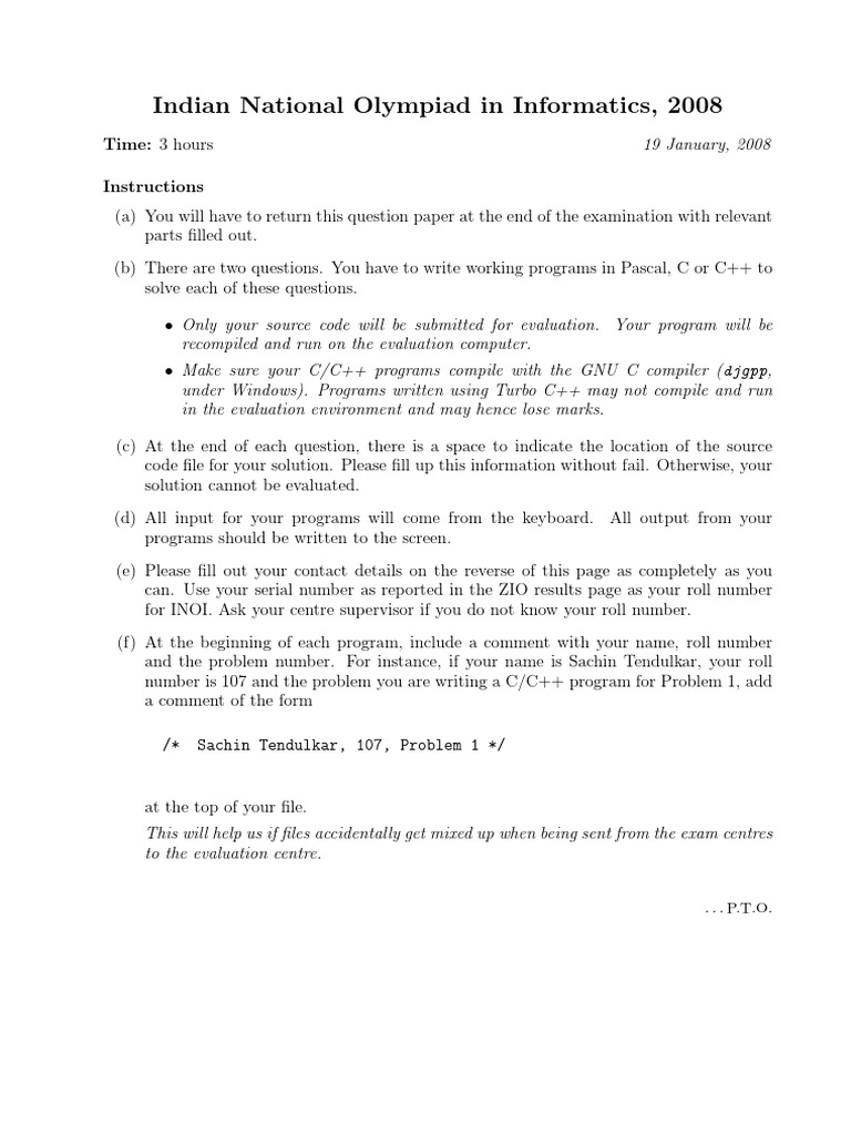 INOI 2008 Question Paper | PDF | Input/Output | Compiler