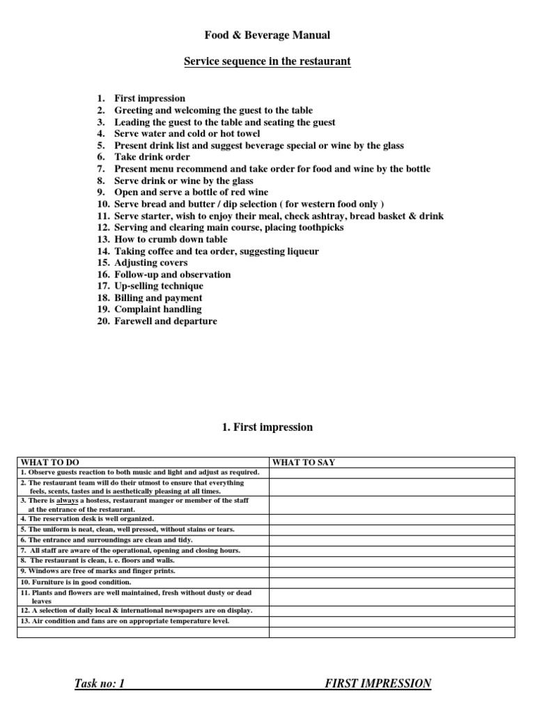 Food & Beverage Manual Service Sequence in The Restaurant | PDF ...