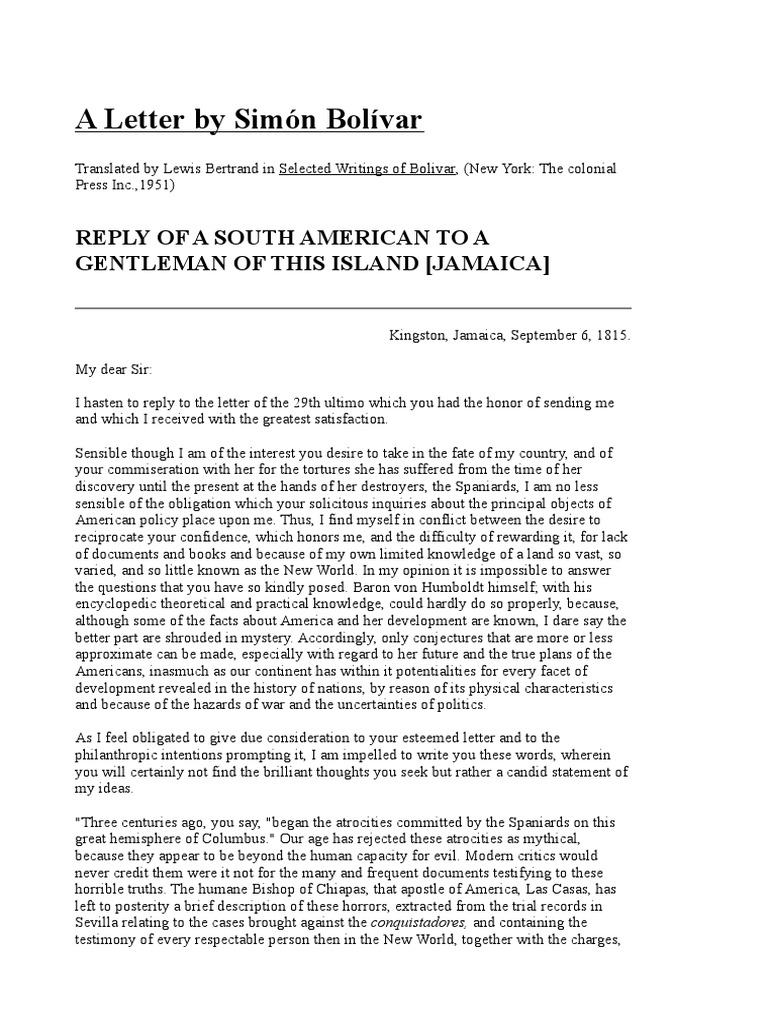 A Letter by Simón Bolívar: Reply of A South American To A Gentleman of ...