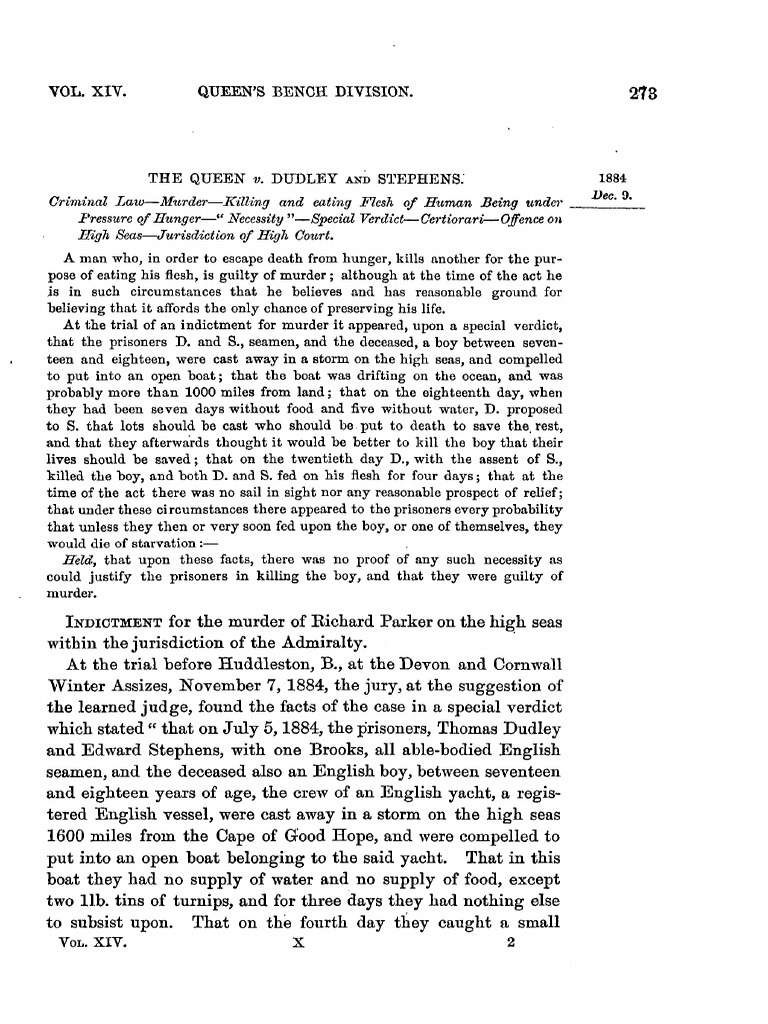R V Dudley & Stephens (1884) 14 QBD 273 | PDF | Verdict | Murder