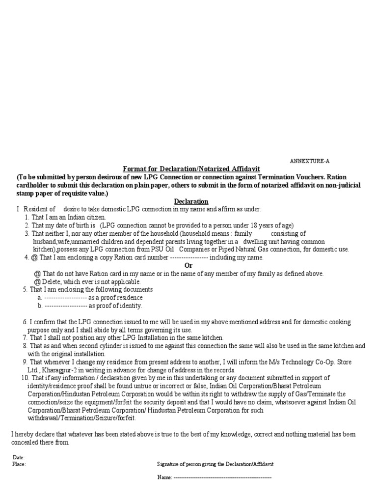 Declaration for Domestic LPG Connection | PDF | Civil Law (Common Law ...