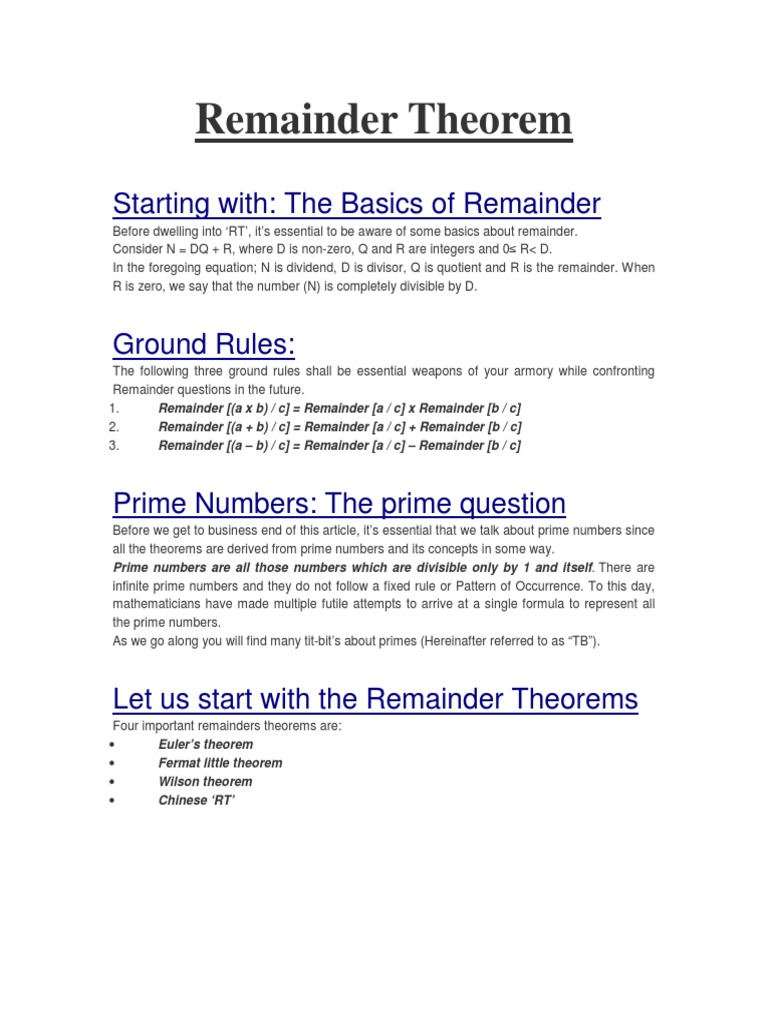 Remainder Theorem For Aptitude | PDF | Prime Number | Algebra