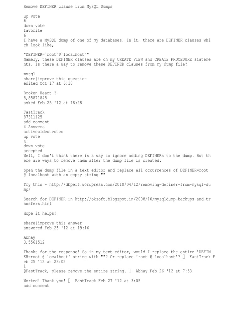 Remove Definer From SQL | PDF | Data Management Software | Application Software
