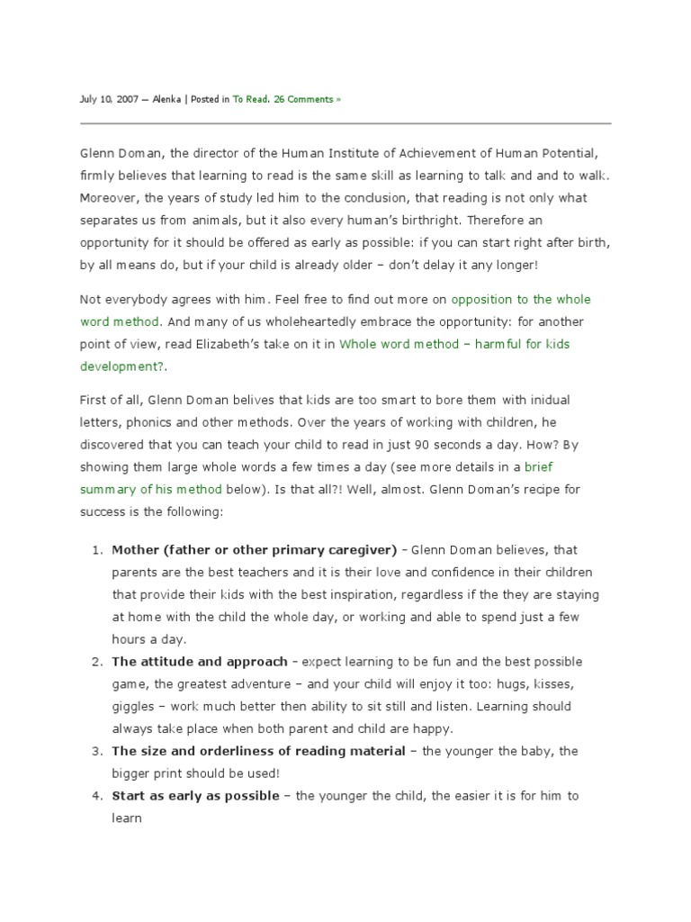Teaching Babies to Read: A Summary of Glenn Doman's Whole Word Method ...