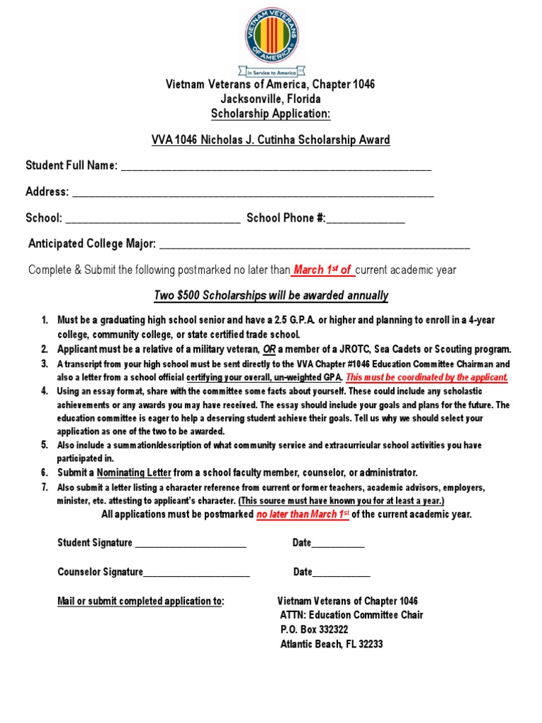 VVA 1046 Scholarship Application Guide | PDF | Self-Improvement