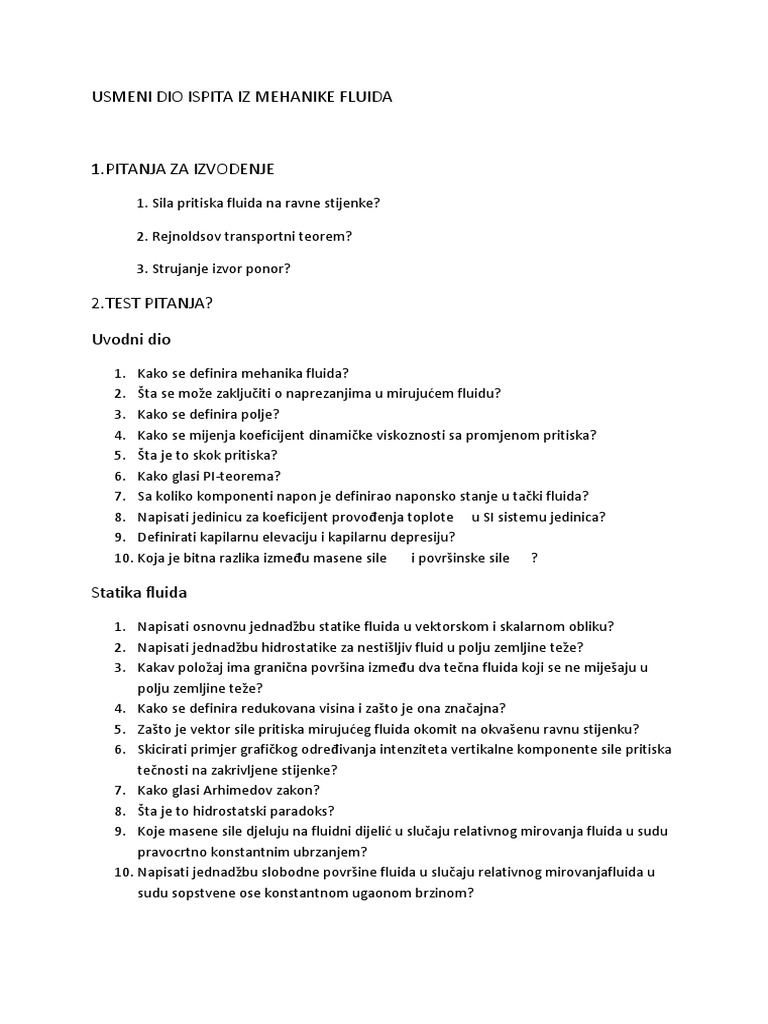 Pitanja Za Usmeni Mehanika Fluida | PDF