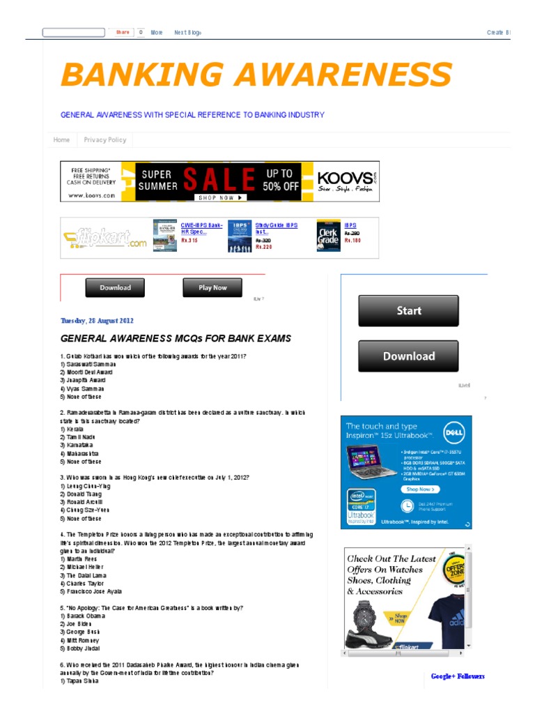 Banking Awareness - General Awareness Mcqs For Bank Exams | PDF ...