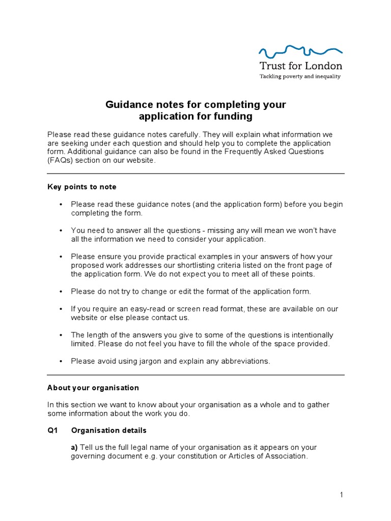 Guidance Notes For Completing Your Application For Funding: Key Points ...