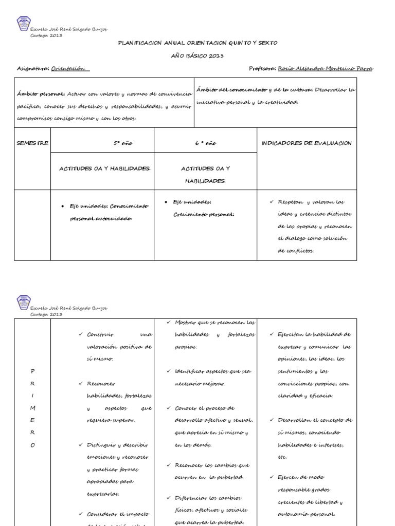 Planificacion Anual Orientacion Quinto y Sexto | Adultos | Aprendizaje