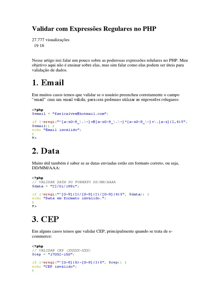 Validar Com Expressões Regulares No Php Pdf Expressão Regular Ciência Da Computação