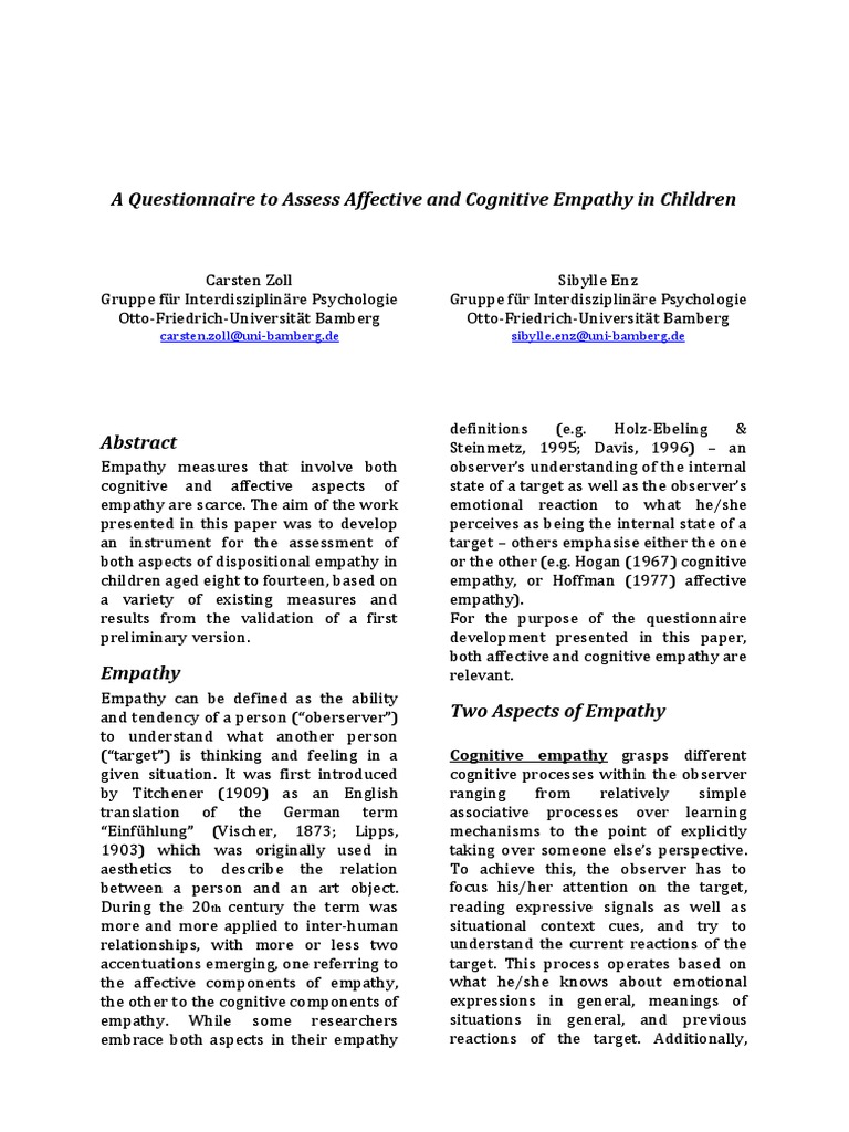 Assessing Affective and Cognitive Empathy in Children: Development of ...