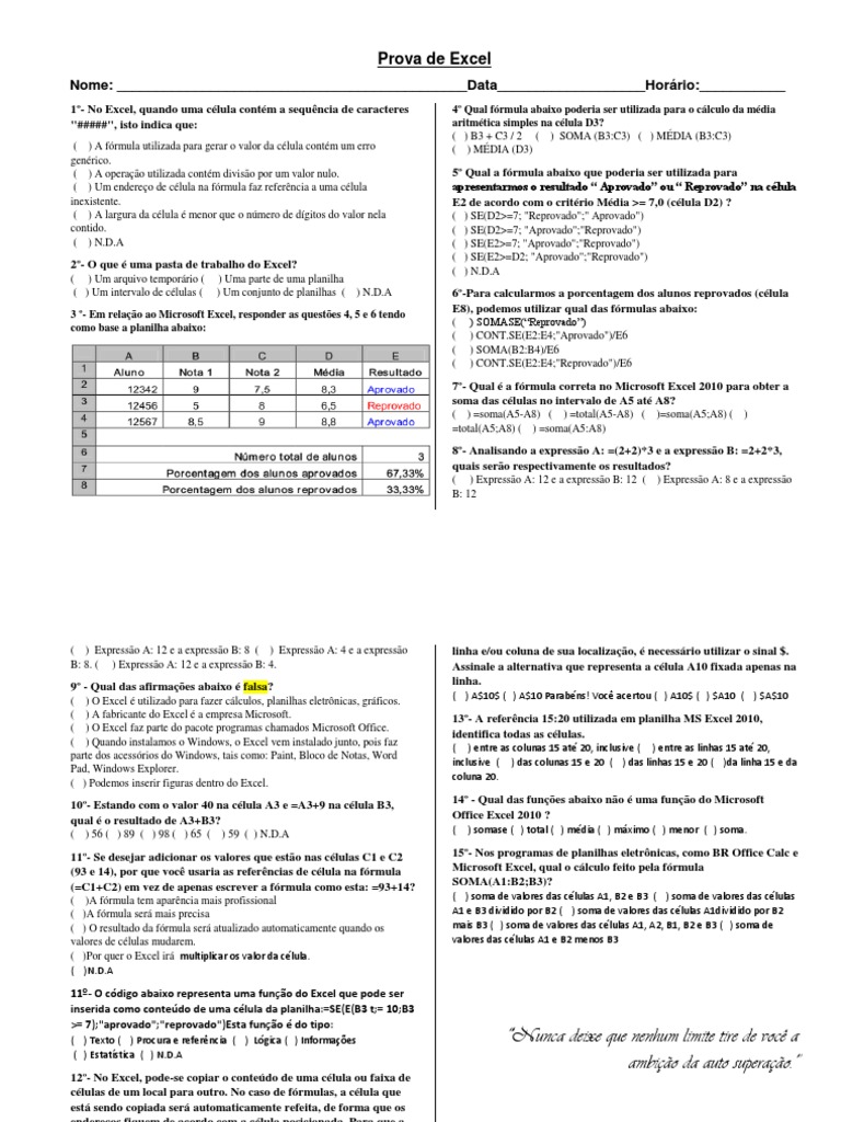 Prova de Excel | PDF | Microsoft Excel | Planilha