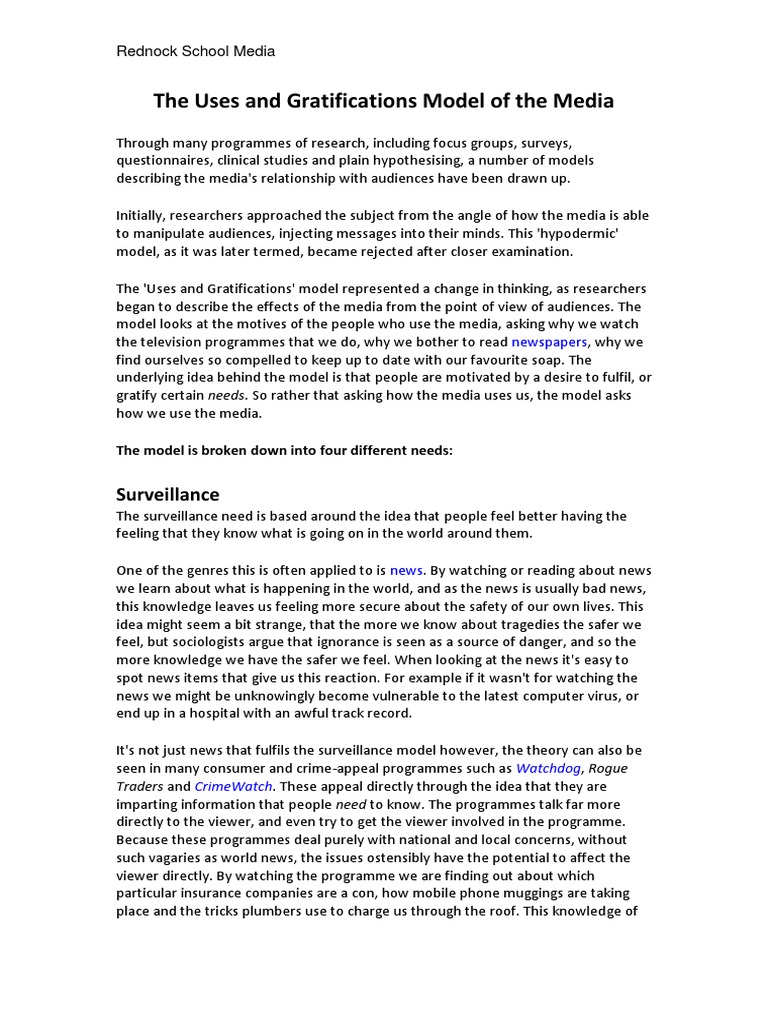 The Uses and Gratifications Model of The Media | PDF | News | Mass Media