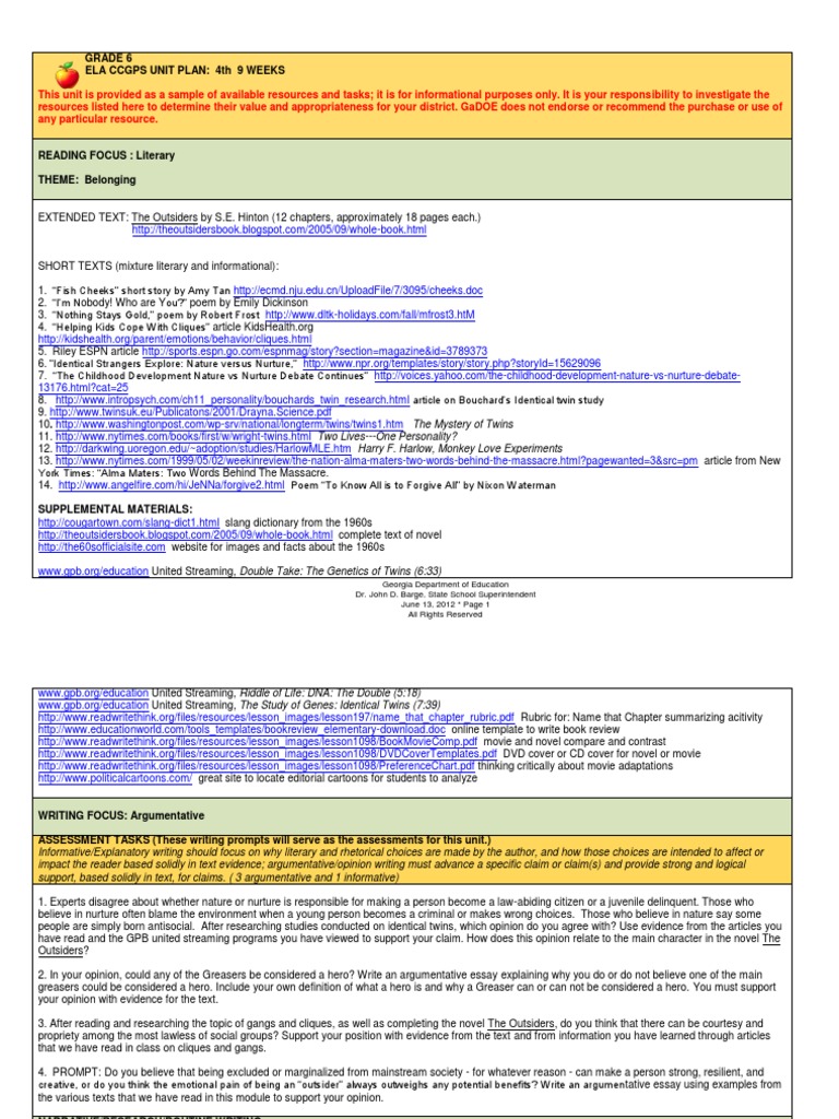 Ccgps Ela Grade 6 Unit 4 | PDF | Nature Versus Nurture | Poetry