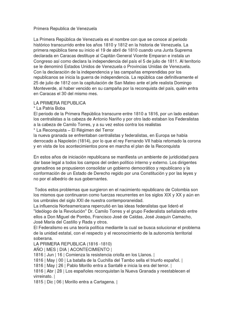 Primera Republica de Venezuela | PDF | Venezuela | Gobierno