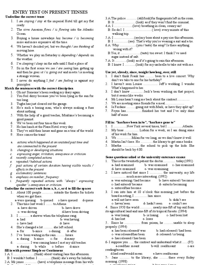 Entry Test On Present Tenses | PDF | Camel
