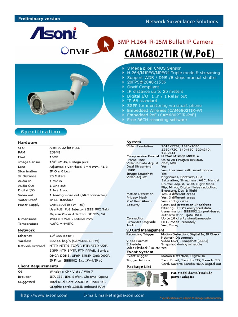 3MP Network Surveillance Camera Specs | PDF | Technology & Engineering