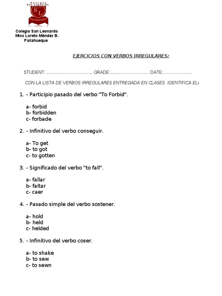 Ejercicios Con Verbos Irregulares | PDF | Artes del Lenguaje y ...