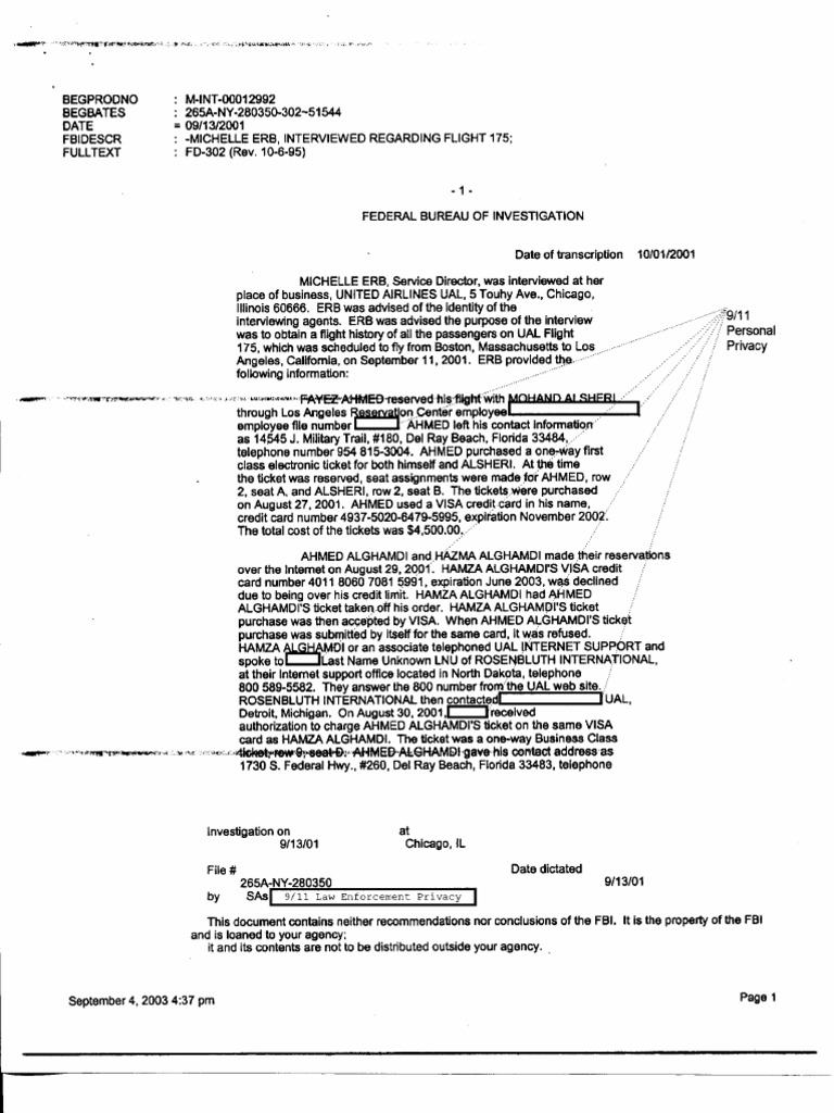 T7 B10 Arestegui FDR - FBI 302 - 9-13-01 Michelle Erb Re UA 175 342 ...